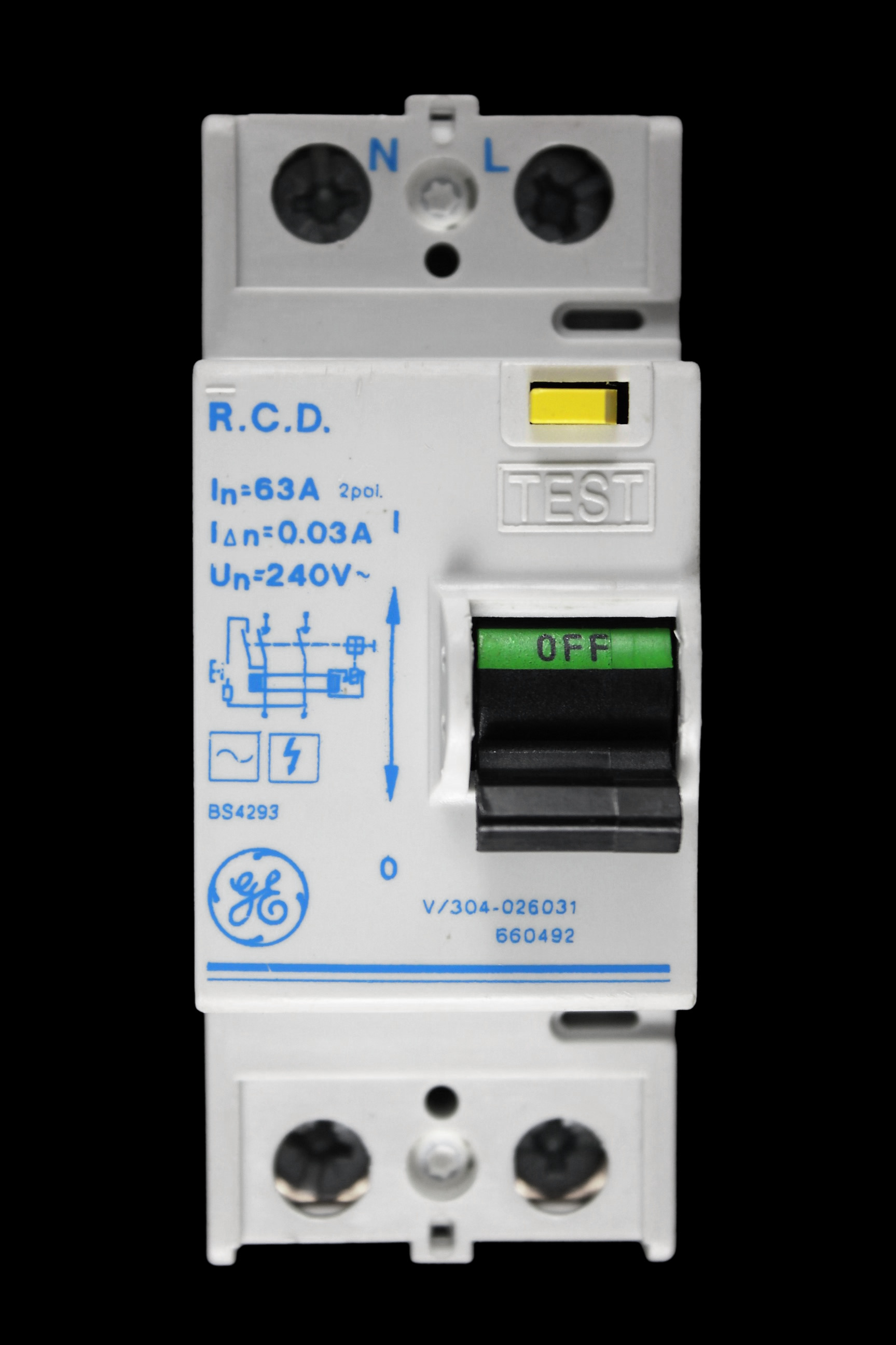 GENERAL ELECTRIC 63 AMP 30mA DOUBLE POLE RCD TYPE AC V/304-026031 ...