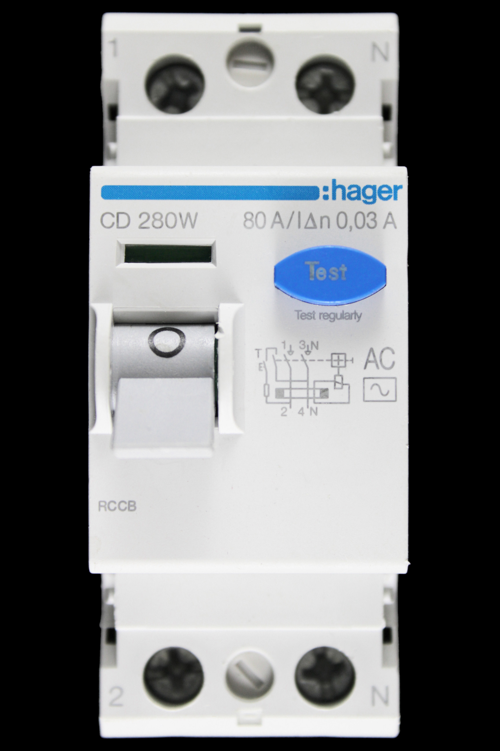 HAGER 80 AMP 30mA DOUBLE POLE RCCB RCD TYPE AC CD280W 164508 Used ...