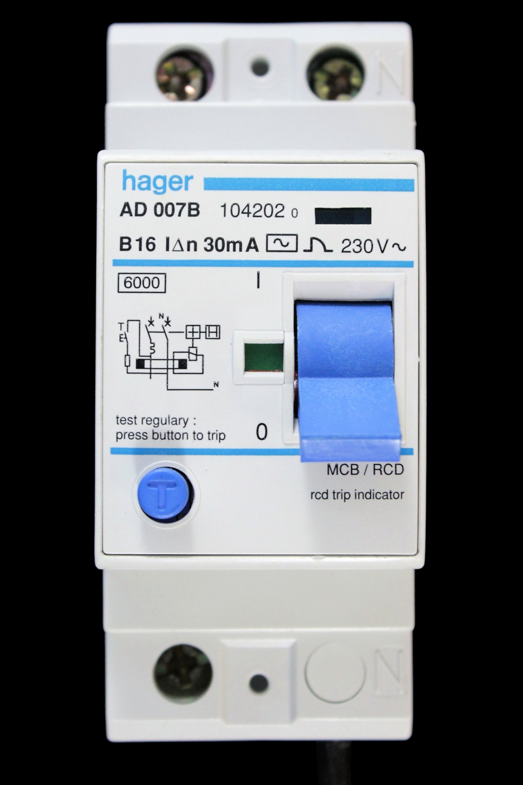HAGER 16 AMP CURVE B 6kA 30mA DOUBLE POLE RCBO RCD MCB AD007B 104202 ...
