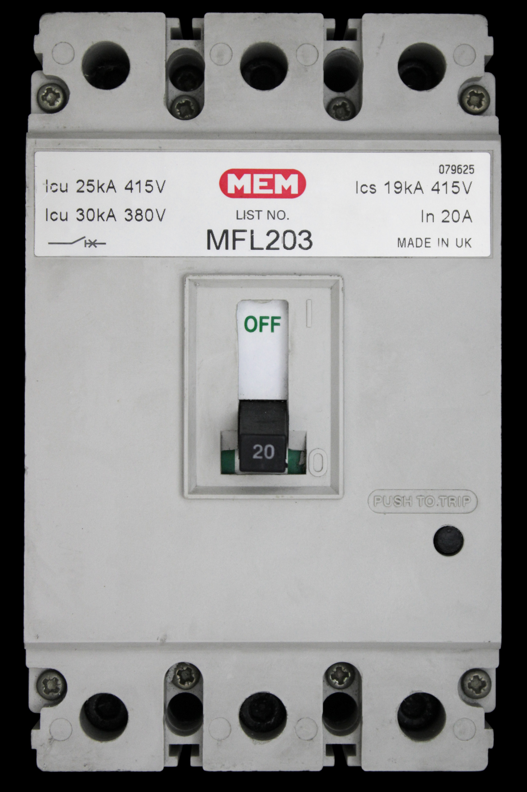 MEM 20 AMP 25kA TRIPLE POLE MCCB MFL203 Used | Circuit Breaker Specialists