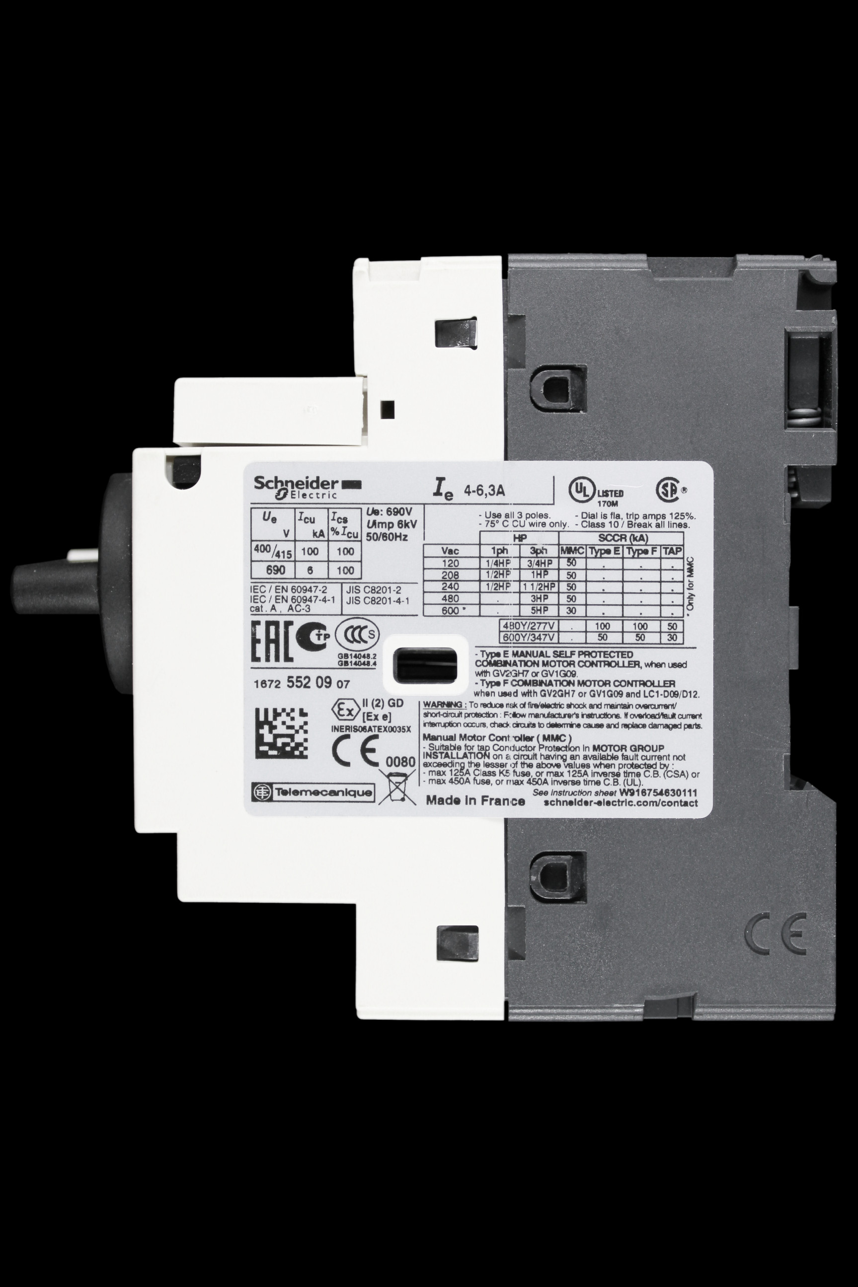 SCHNEIDER 4 - 6.3 AMP TRIPLE POLE MOTOR CIRCUIT BREAKER GV2P10 New ...